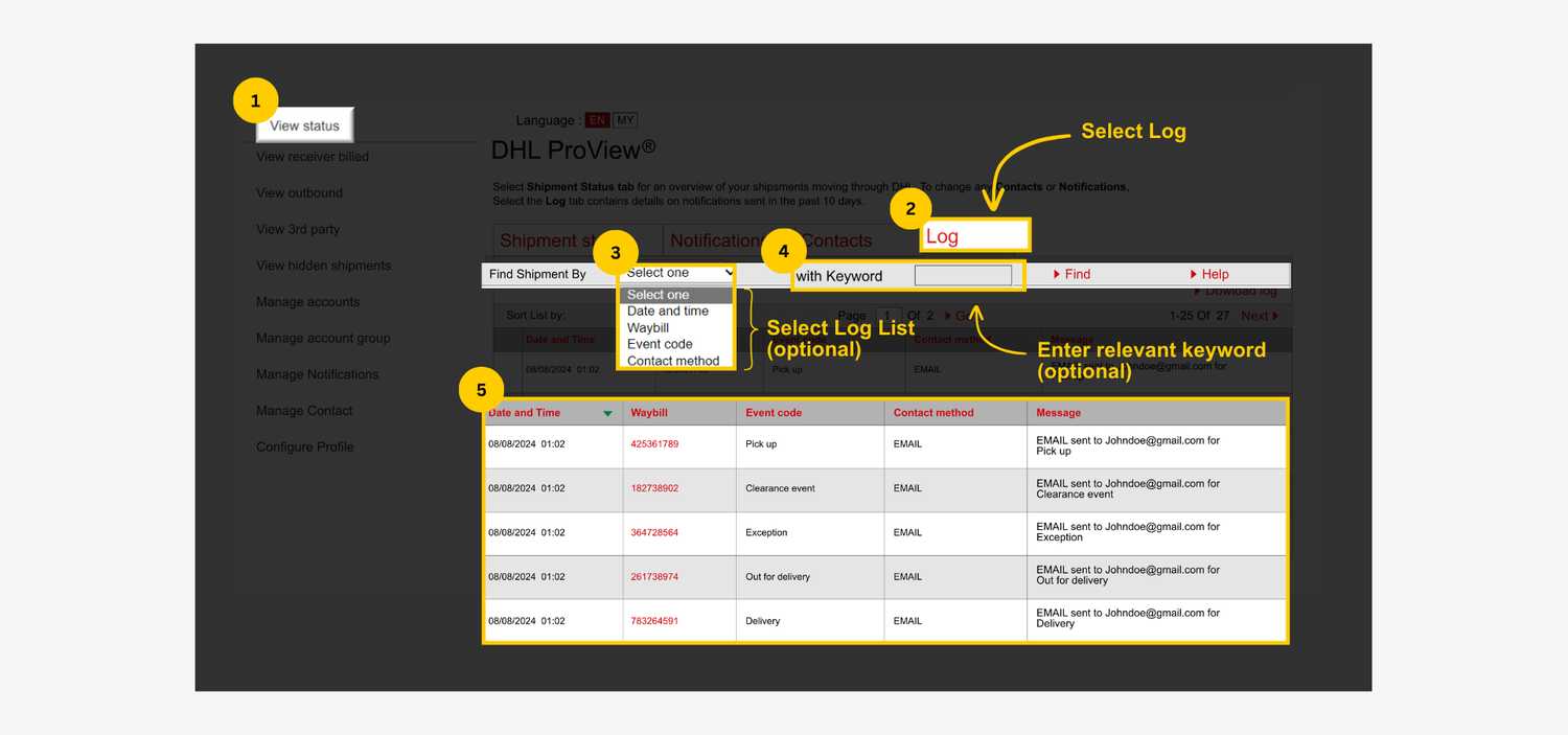 Step by Step: View Full DHL Shipment Activities and History